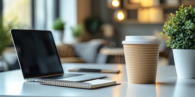 Modern Workspace Laptop Coffee Notebook Plants AI Generated. Stock ...