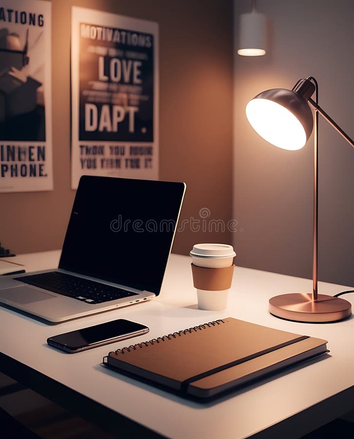 Modern Workspace Featuring Laptop Notebook and Desk Lamp Stock ...