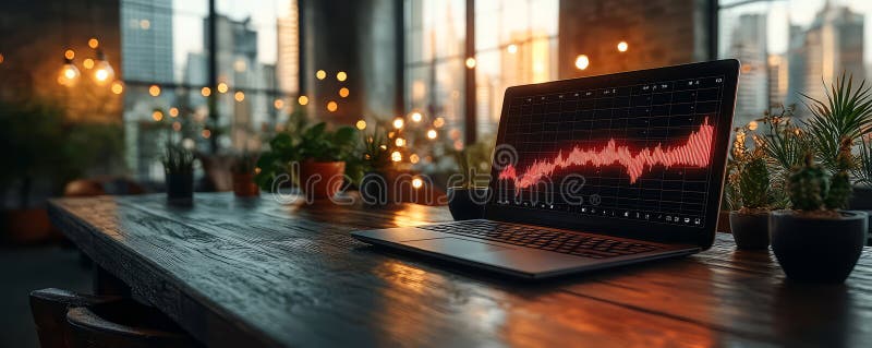 Modern Workspace Featuring a Laptop with Vibrant Data Visualization and ...