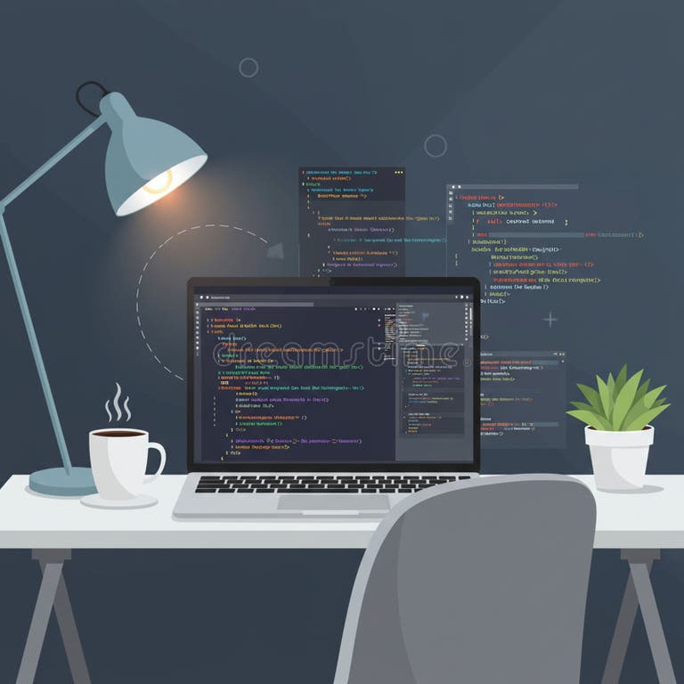 A Modern Workspace Featuring a Laptop with Visible Coding Text on Its ...