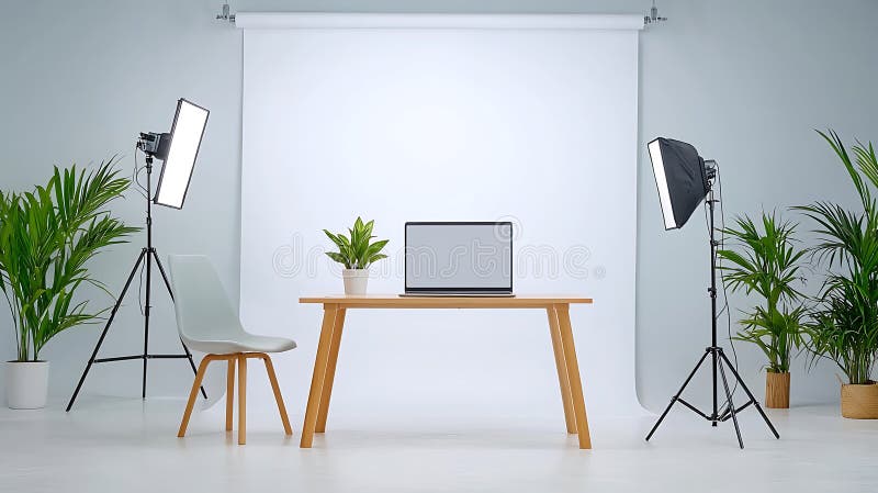 Modern Workspace Featuring Laptop Wooden Table, Surrounded by Potted ...