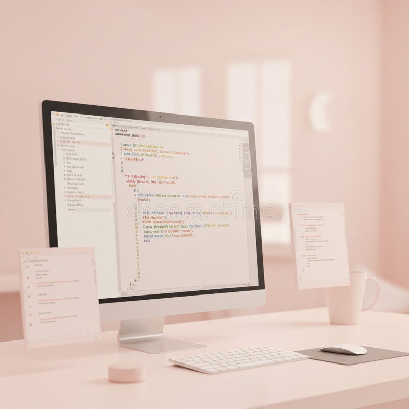 A Modern Workspace Featuring a Large Desktop Computer Displaying Code on a Pink- Stock ...