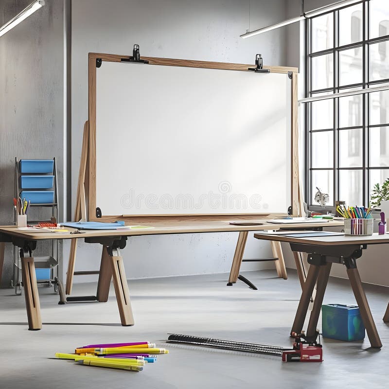 A Modern Workspace Featuring a Large Whiteboard, Desk, and Colorful ...