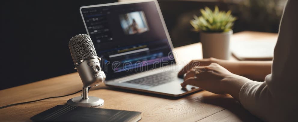 The Modern Workspace Featuring a Microphone and Laptop for Content ...