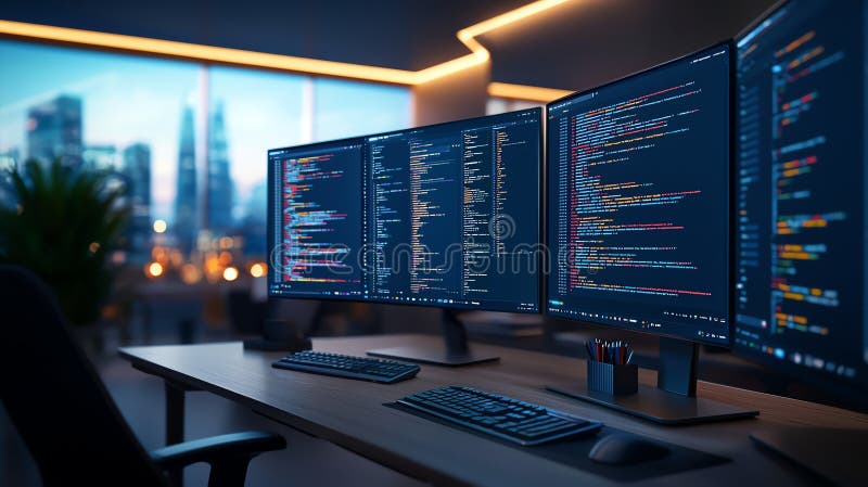 A Modern Workspace Featuring Multiple Computer Monitors Displaying Code