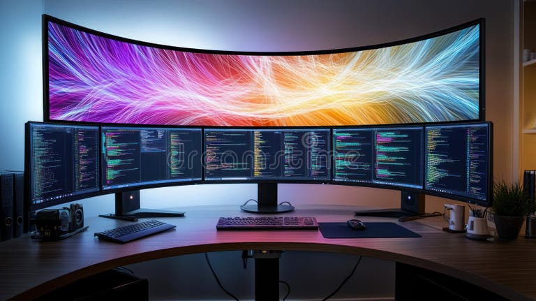 Modern Workspace Featuring Multiple Curved Monitors Displaying Colorful ...