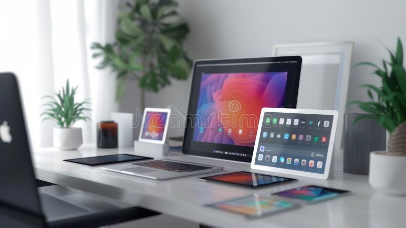 A Modern Workspace Featuring Multiple Laptops and Tablets Showcasing ...