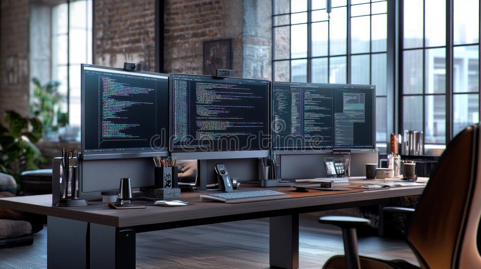 Professional Programmer S Desk with Multiple Monitors in Modern Loft ...