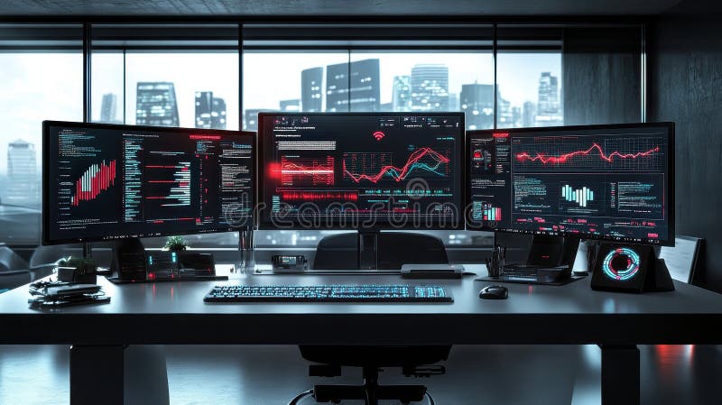 A Modern Workspace Featuring Multiple Monitors Displaying Data Analytics and Graphs Stock ...