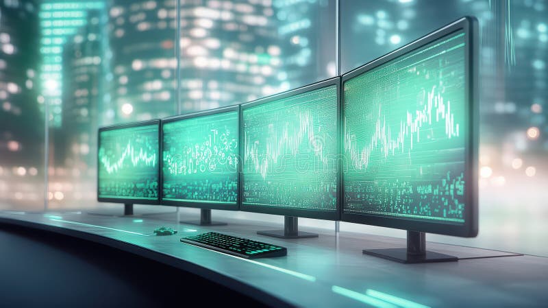 A Modern Workspace Featuring Multiple Monitors Displaying Financial Data In A City Skyline