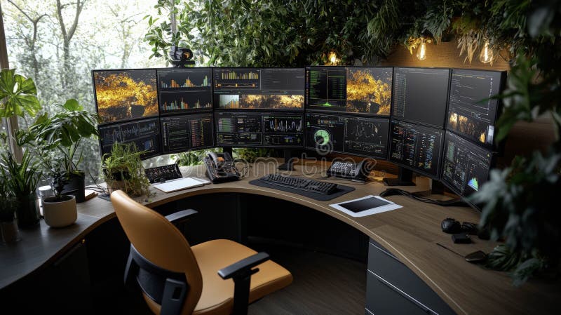 Modern Workspace with Multiple Monitors, Cool Chair, Generative AI ...