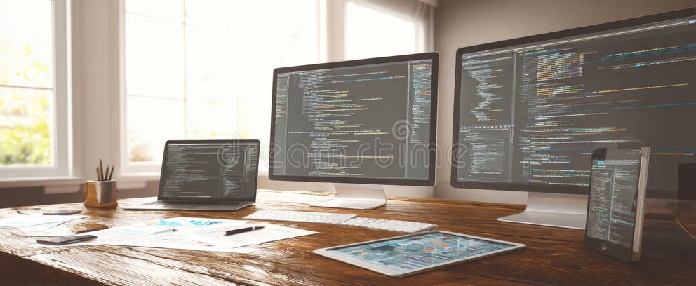 The Modern Workspace Featuring Multiple Screens and Coding Interfaces ...