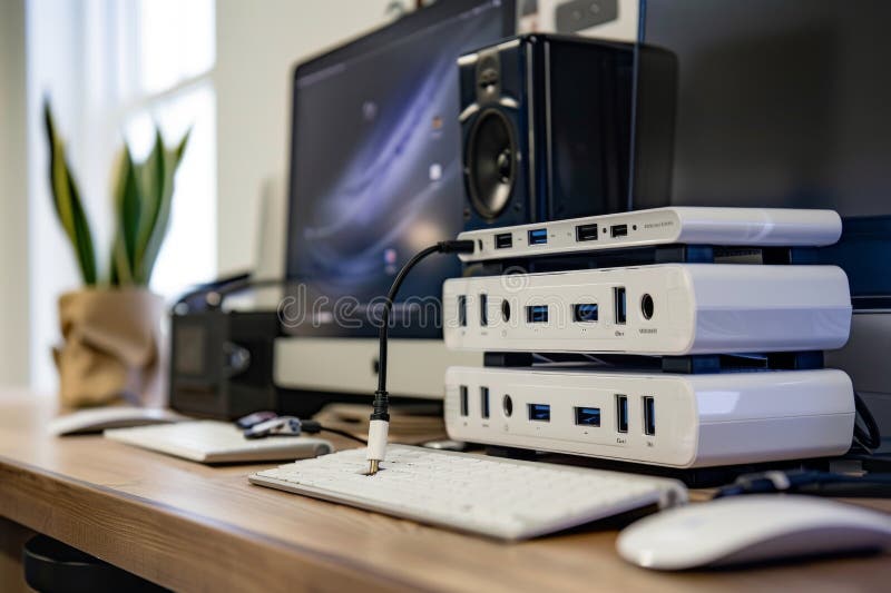A Modern Workspace Featuring Multiple USB Hubs, a Sleek Computer, and ...