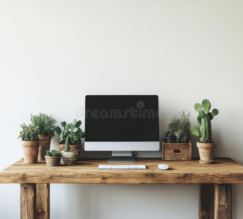 Modern Workspace Featuring Plants and a Computer on a Rustic Wooden ...