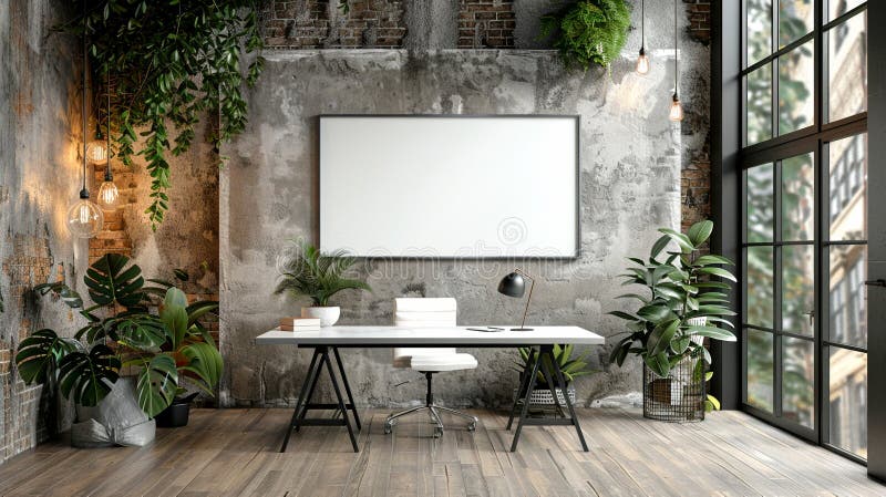 Stylish Urban Office Interior with Greenery and Large Windows during ...