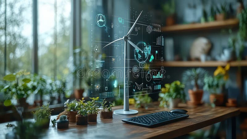 A Modern Workspace Featuring Plants and a Digital Wind Energy Display ...