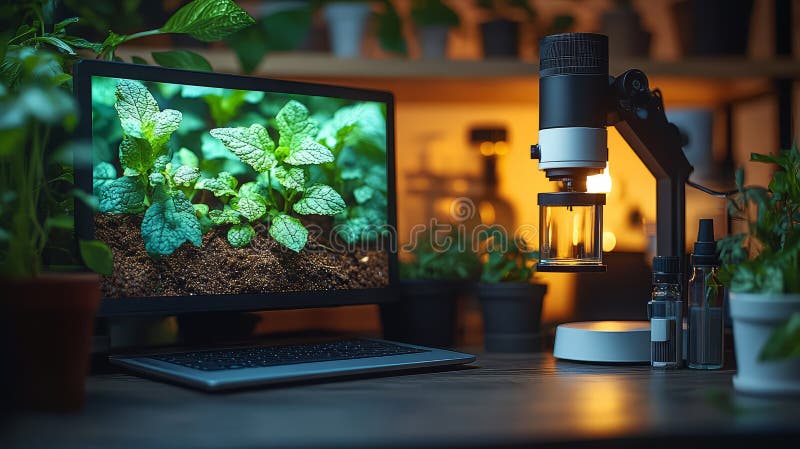 A Modern Workspace Featuring Plants, a Microscope, and a Computer ...