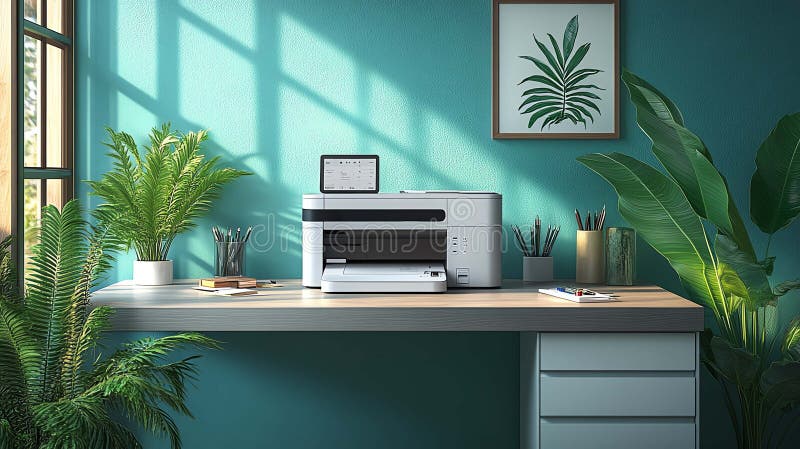 A Modern Workspace Featuring Plants, Printer, and Cozy Decor Stock ...