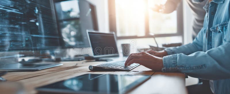 The Modern Workspace Featuring a Programmer Engaged in Coding Tasks..AI Generated Image Stock ...