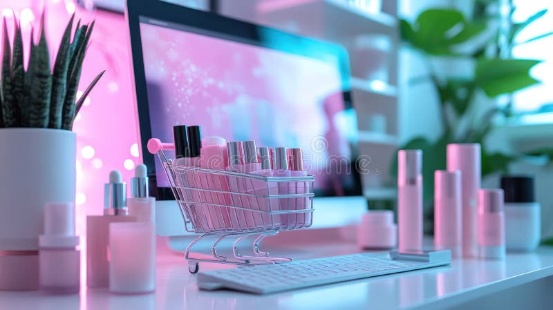 A Modern Workspace Featuring Shopping Cart Filled with Cosmetic ...