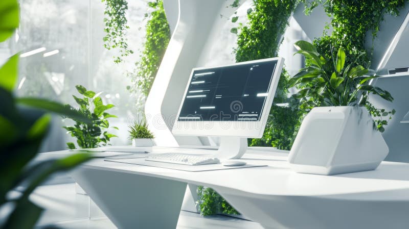 Modern Workspace Featuring a Sleek Desk with a Computer Surrounded by ...