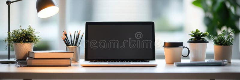 Modern Workspace Featuring a Sleek Laptop, Study Books, Coffee Cup, and ...