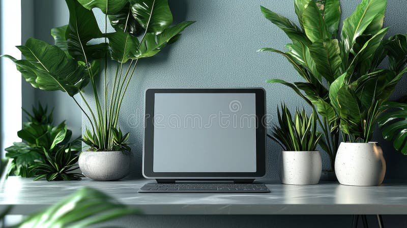 Modern Workspace Featuring Sleek Tablet on Desk Surrounded by Lush ...