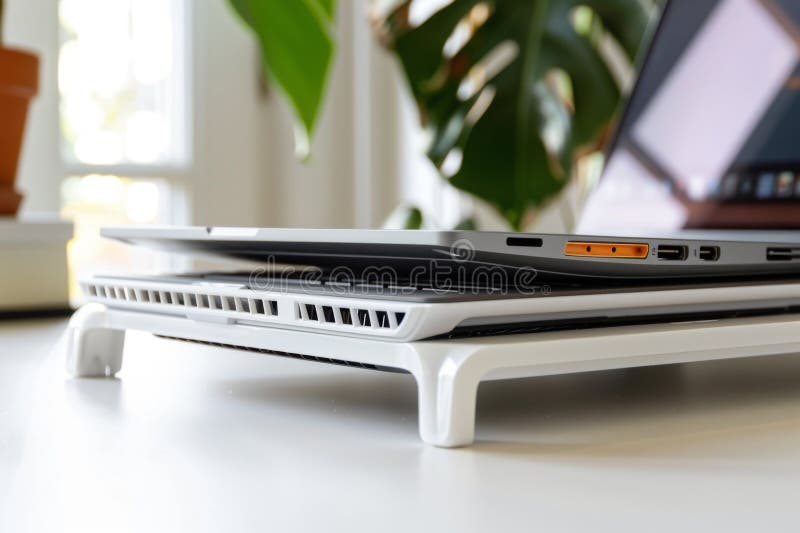 Modern Workspace Featuring Stacked Laptops on a Sleek, Minimalist Stand ...