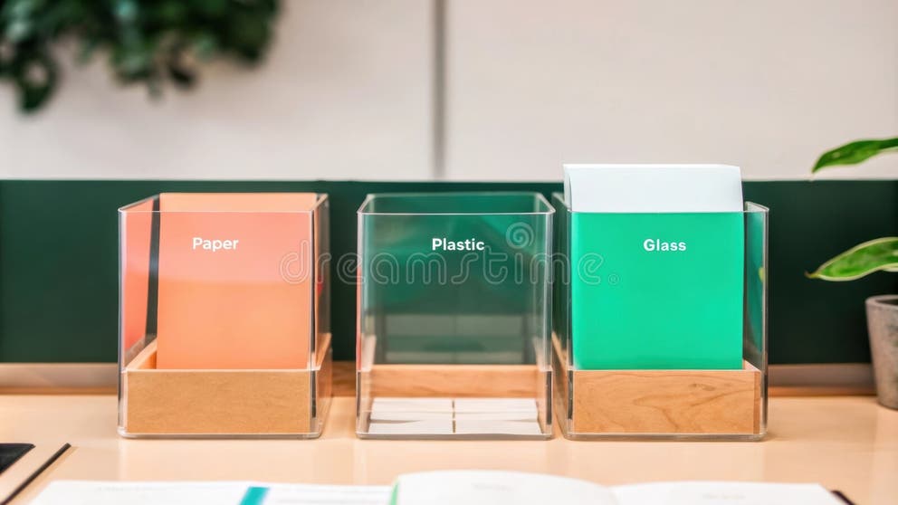 A Modern Workspace Featuring Transparent Bins Labeled for Sorting ...