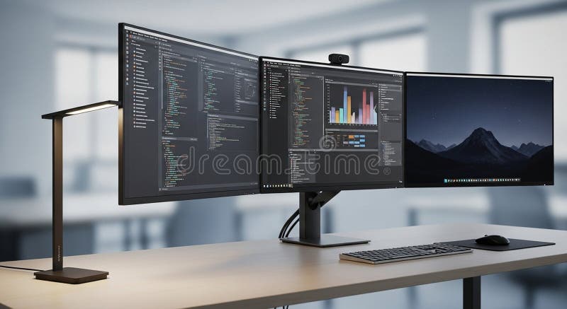 Triple Monitor Setup for Coding and Data Analysis Stock Illustration ...