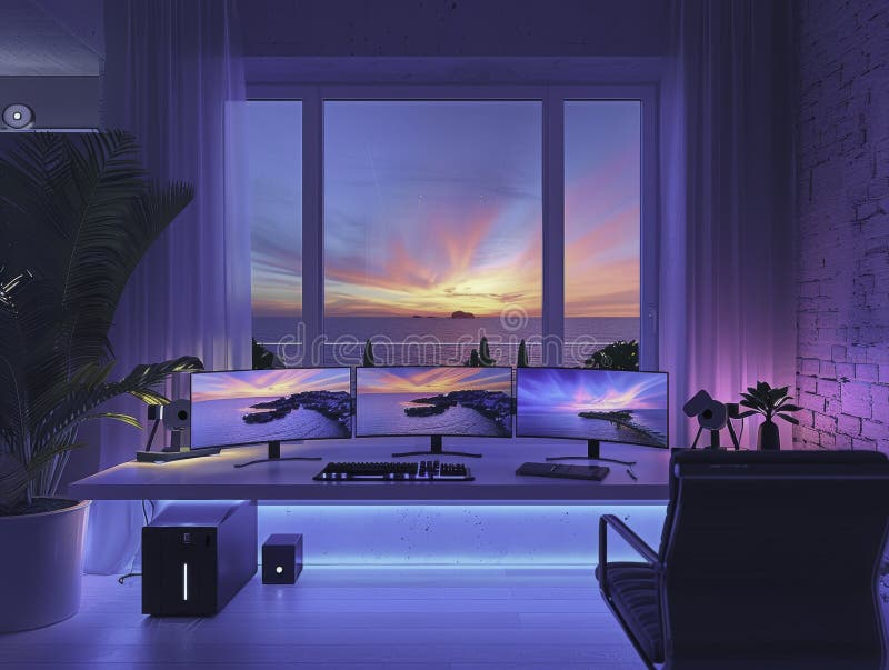 A Modern Workspace Featuring Triple Monitors Ambient Lighting and a ...