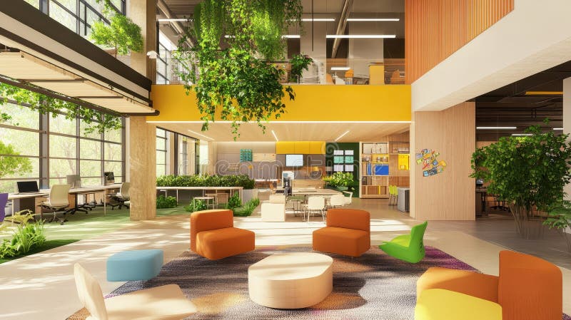 Modern Workspace Featuring Vibrant Colors, Plants, and Collaborative ...