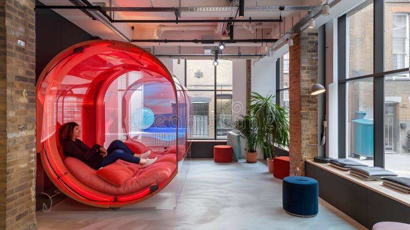 A Modern Workspace Featuring a Vibrant Lounge Pod for Relaxation and ...