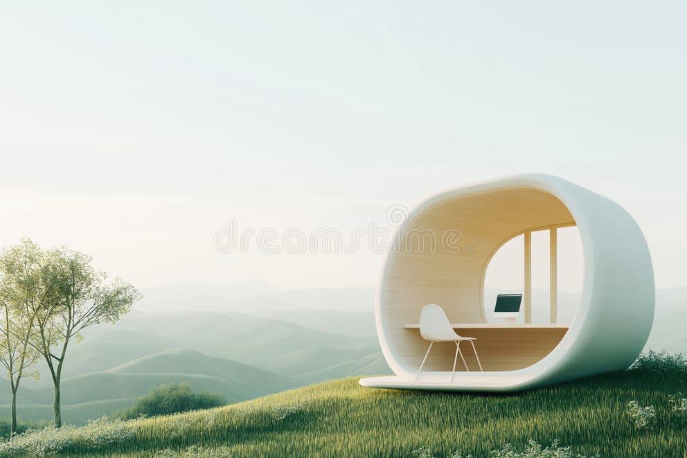 Modern Workspace Featuring White Pod Structure Against Green Hills ...