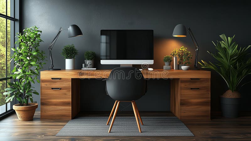 A Modern Workspace with Wooden Desk, Chair, Plants, and Computer Setup ...