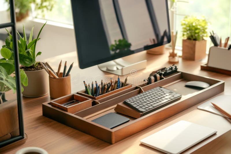 A Modern Workspace Filled with Greenery and Essential Tools for ...