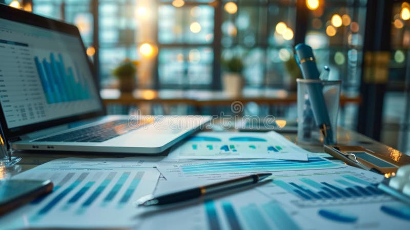 Modern Workspace with Financial Charts and Laptop Stock Photo - Image ...