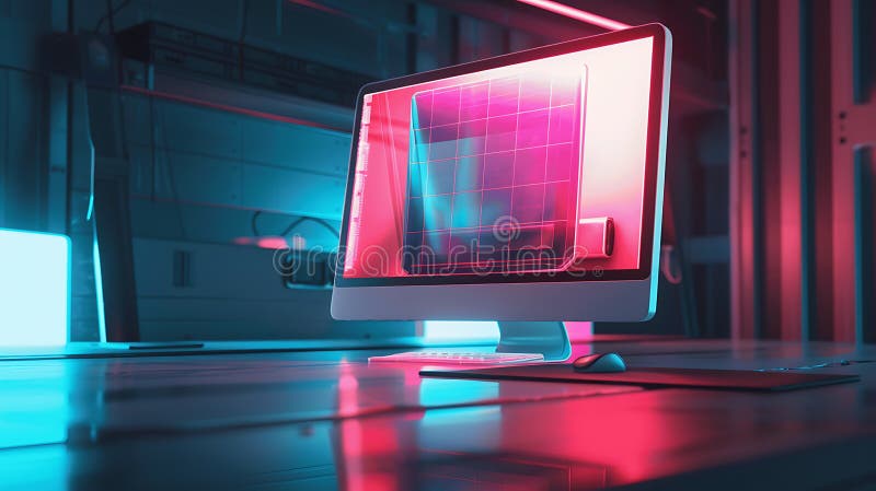 Modern Workspace with Glowing Computer Monitor Showcasing Digital Data ...