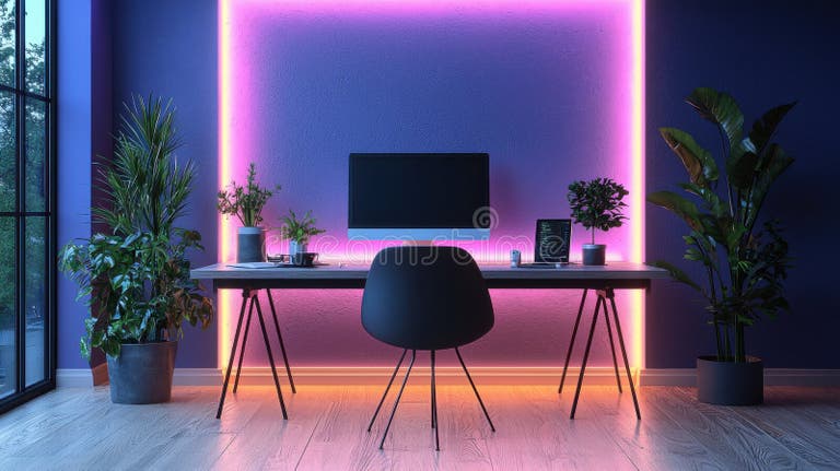 Modern Workspace with Glowing Lights, Plants, and Computer Stock Photo ...