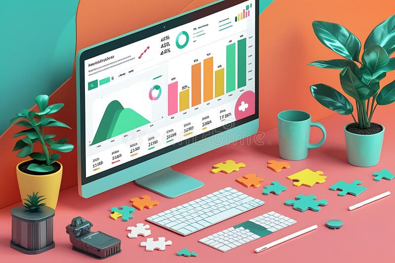 Modern Workspace with Graphs and Charts on Computer Screen, 3d Render ...