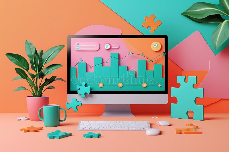 Modern Workspace with Graphs and Charts on Computer Screen, 3d Render ...