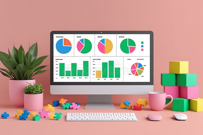 Modern Workspace with Graphs and Charts on Computer Screen, 3d Render ...