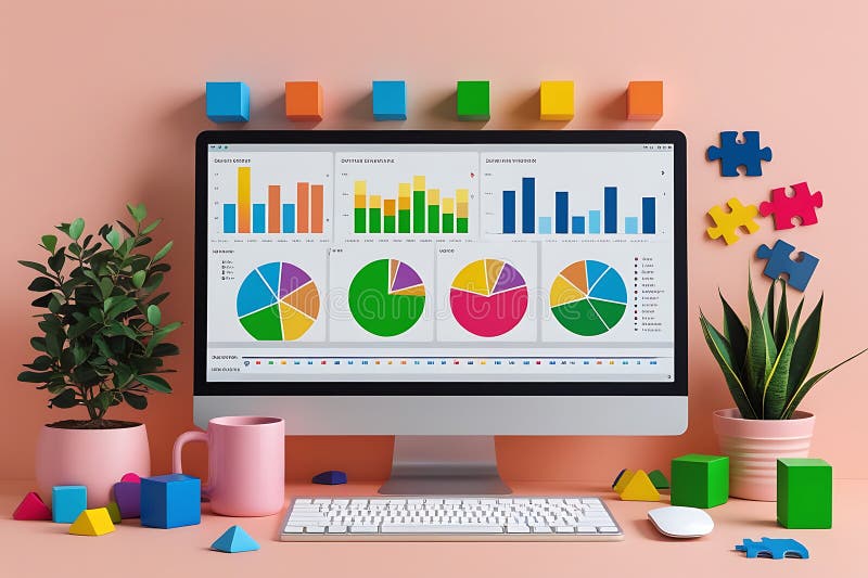 Modern Workspace with Graphs and Charts on Computer Screen, 3d Render ...