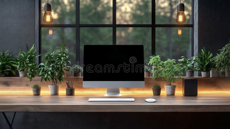 Modern Workspace with Green Plants and Computer Stock Illustration ...