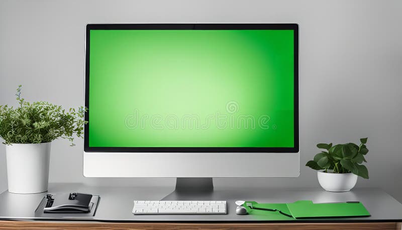 Modern Workspace with Green Screen Computer Stock Photo - Image of home ...