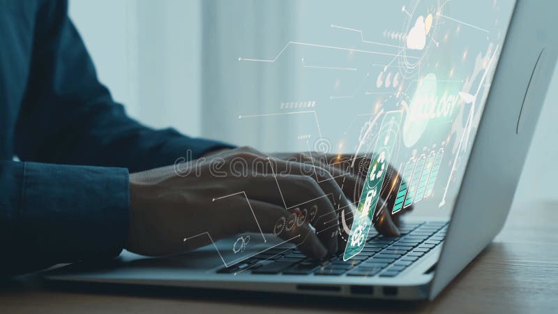 Modern Workspace with Hands Typing on Laptop Surrounded by Digital Interface Elements ...