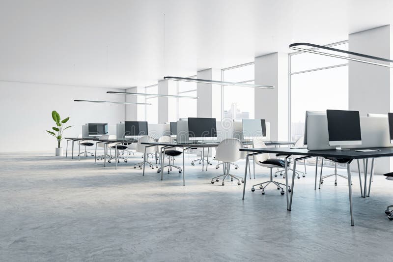 Modern Workspace with High Ceilings, Floating Lights, and Urban Skyline ...