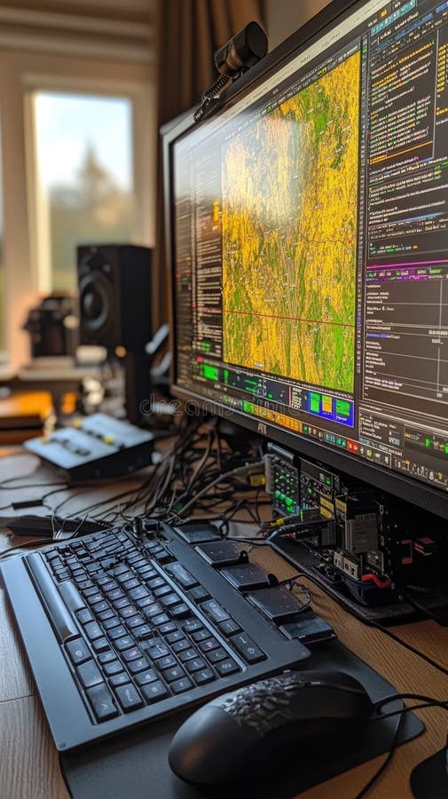 Modern Workspace with High-tech Computer Setup Displaying Data Analysis ...