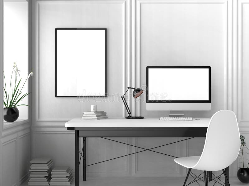 Modern Workspace, Isolated Computer Screen and Frame Mock Up. 3D ...