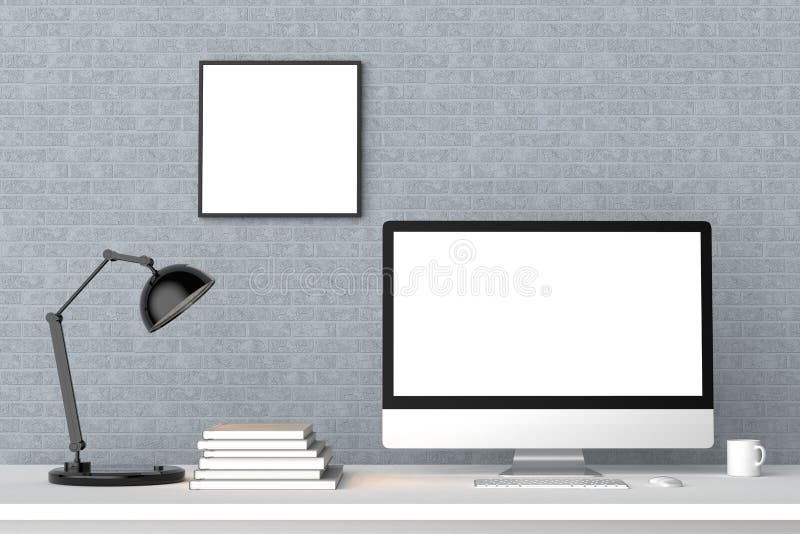 Modern Workspace with Isolated Empty Frame on Brick Wall and Iso Stock ...